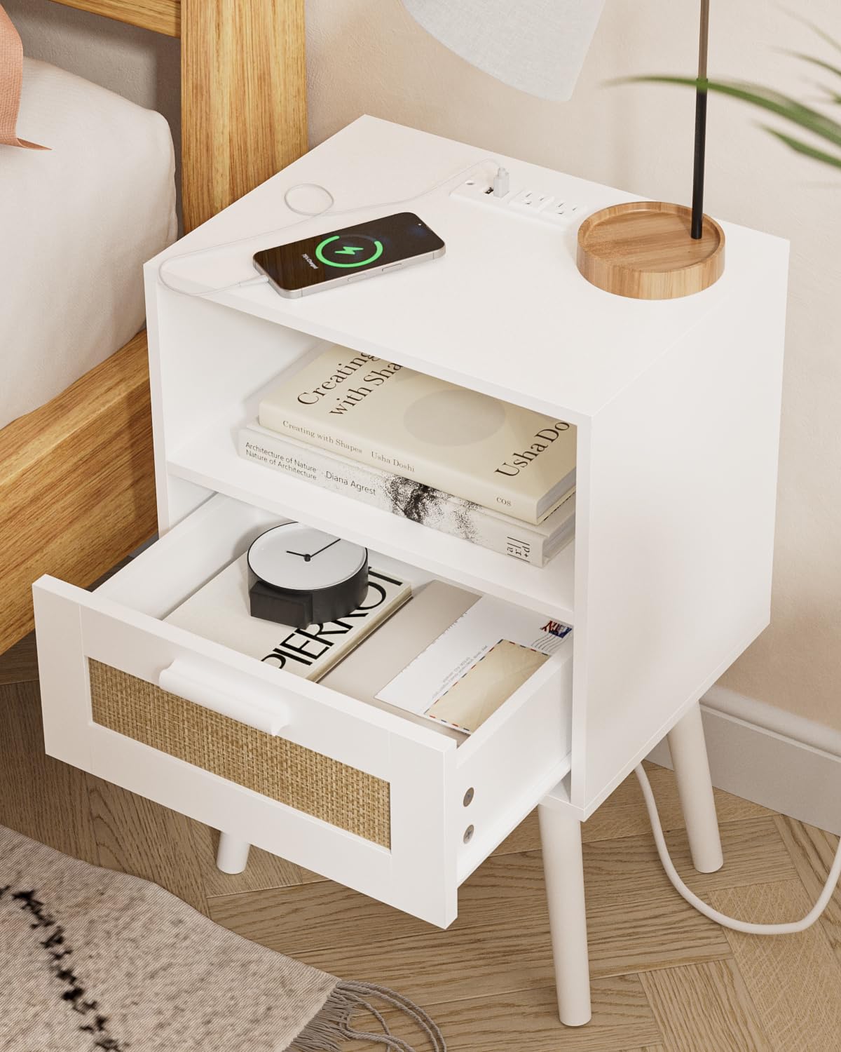 Aobafuir Nightstands with Charging Station, End Table, Rattan Nightstand, Side Table with Hand Made Rattan Decorated Drawers, Wood Accent Table with Storage for Bedroom,White