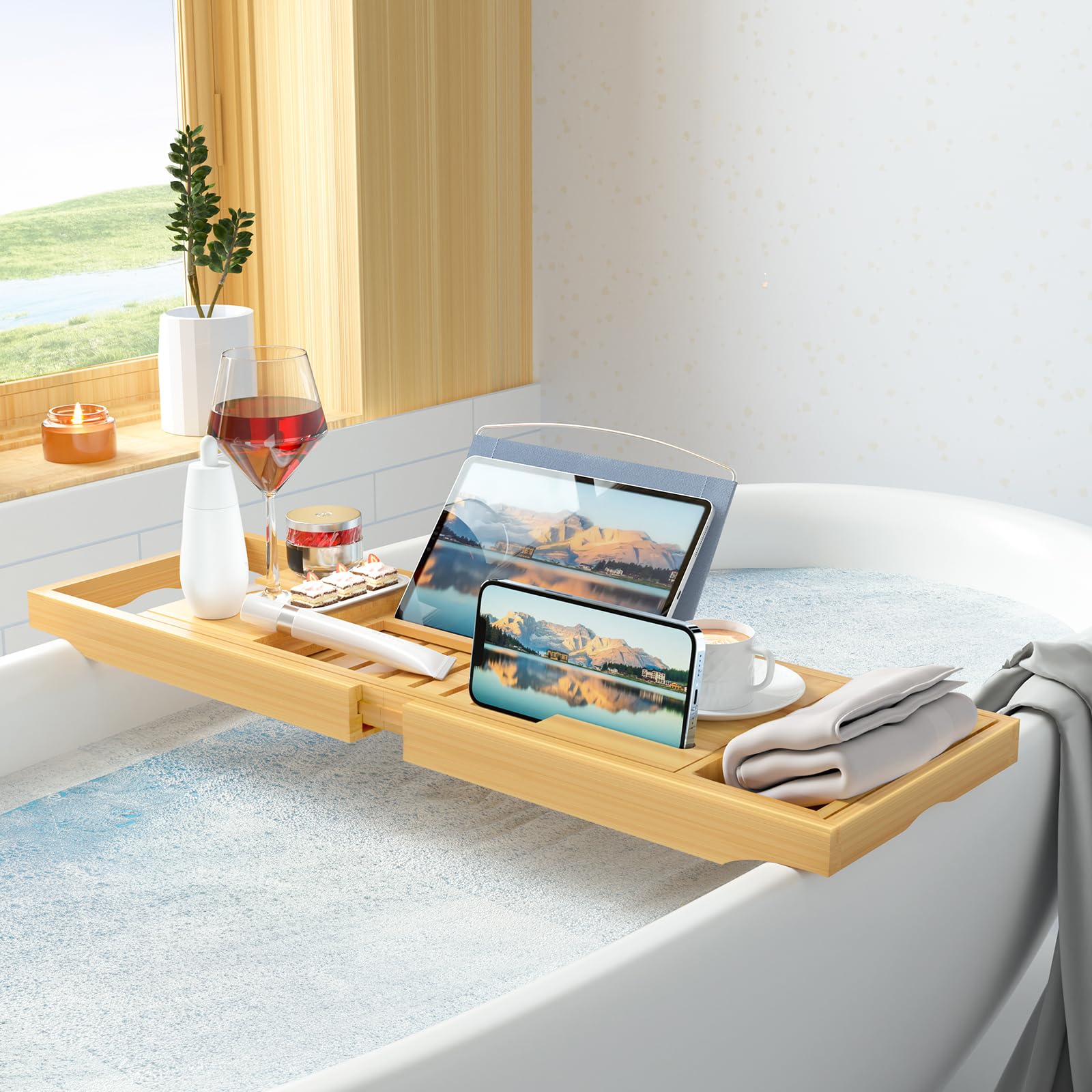 Sen Yi Bao Luxury Bathtub Caddy Tray,Bamboo Bathtub Tray Caddy - Wood Bath Tray Expandable,Can be Placed Book and Integrated Tablet Smartphone and Wine Holder - Gift Idea for Loved Ones