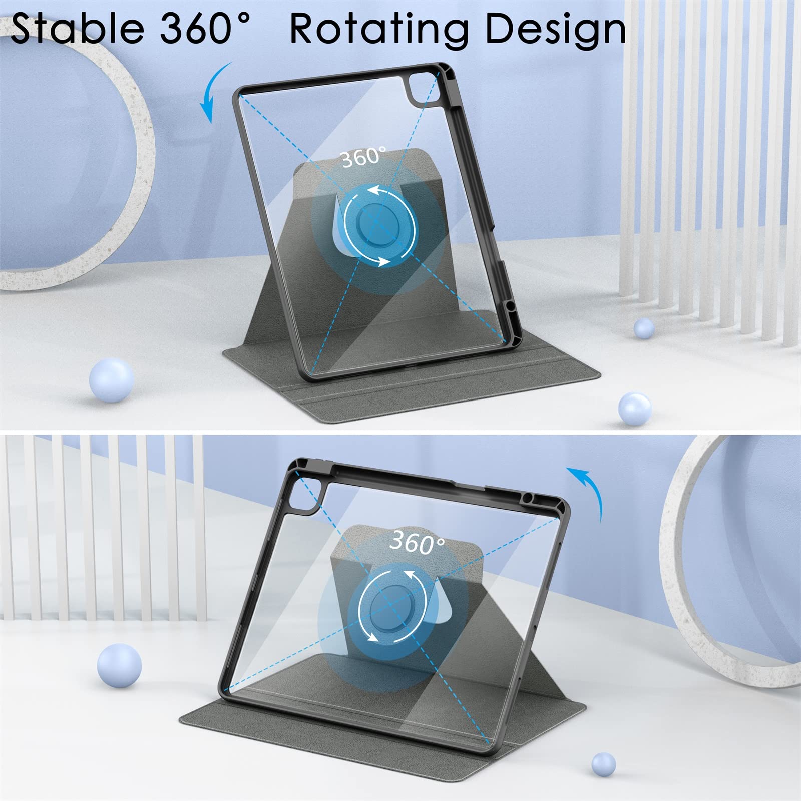 Soke Hybrid Rotating Case for iPad Pro 12.9 Inch (6th/5th/4th/3rd Generation, 2022/2021/2020/2018) - 360 Degree Rotating Stand + Pencil Holder + Auto Sleep/Wake, Shockproof Clear Back Cover,Black