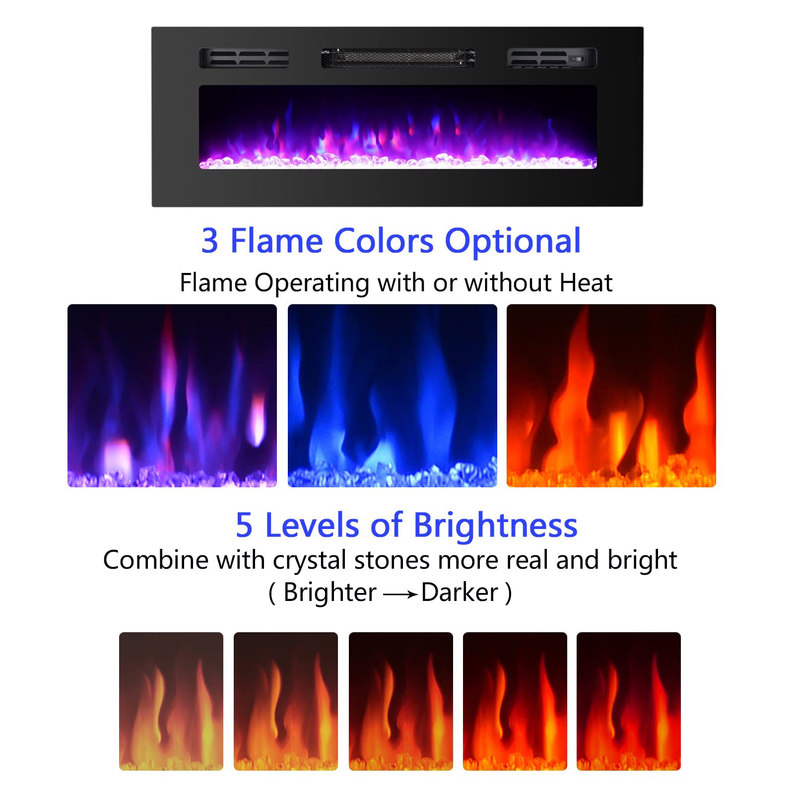 36" Electric Fireplace Insert 750/1500W Stove Heater with Recessed Mounted, 3 Colors Flame, 5 Levels Adjustable Flame Brightness, Timer Setting, Remote Control Fireplace Heater 18" H