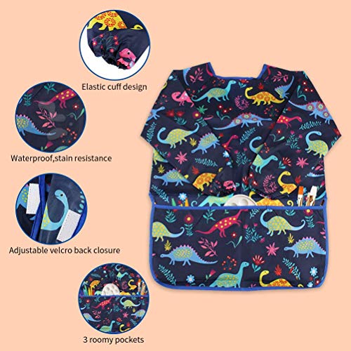 CUBACO 2 Pack Kids Painting Apron Children's Waterproof Artist Apron with Long Sleeve and 3 Pockets for Child 3-8 Years for Art Craft, Cooking, Baking, Feeding (Dinosaur Pattern)