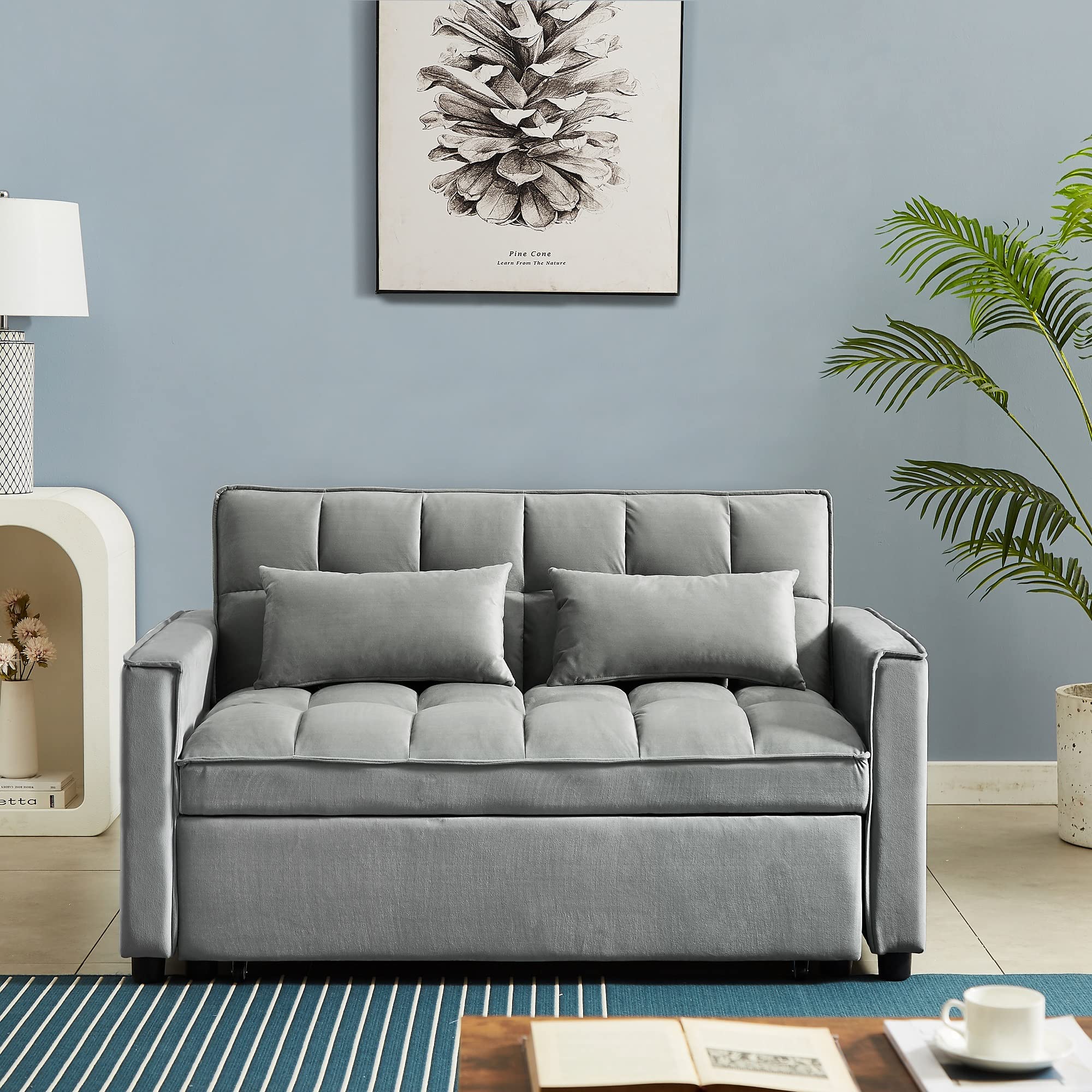 Merax 55.2" Velvet Sleeper Sofa Couch, Convertible Loveseat Sofa with Pull Out Bed and Adjustable Backrest, Sleeper Sofa Bed Armchair with 2 Lumbar Pillows for Home Office, Grey