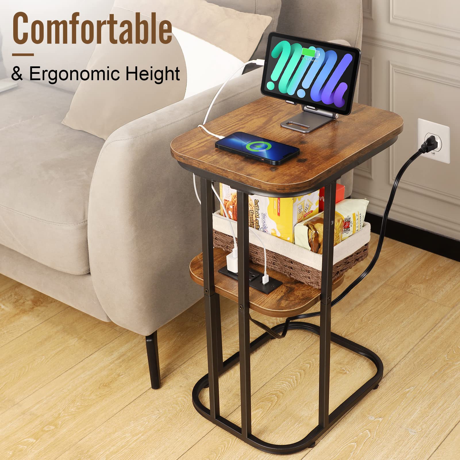 Allinside C Shaped End Table with Charging Station, 2-Tier Side Table with Storage Shelf Large Laptop TV Snack Tray Ideal for Couch, Sofa Slide Under, Bedside, Small Spaces (2 USB Ports & 2 Outlets)