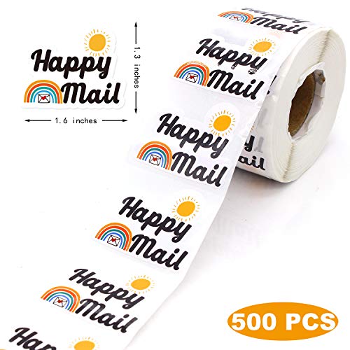 Muminglong 1.5 Inch Happy Mail with Sun and Rainbow Stickers, Small Shop Stickers, Thank You Sticker,Small Business, Packaging Sticker, 500 PCS