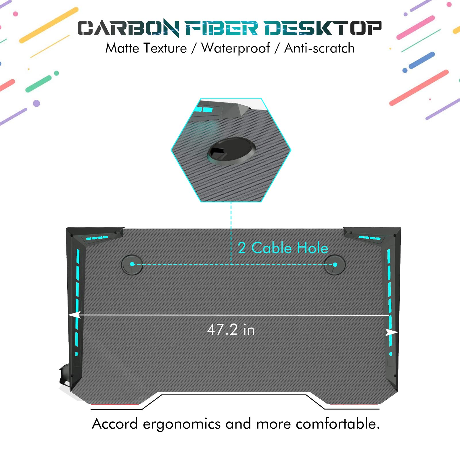 47 Inch Gaming Desk, Gaming Table PC Computer Workstation with LED RGB Lights, Headphone Hook and Cup Holder for Home, Black