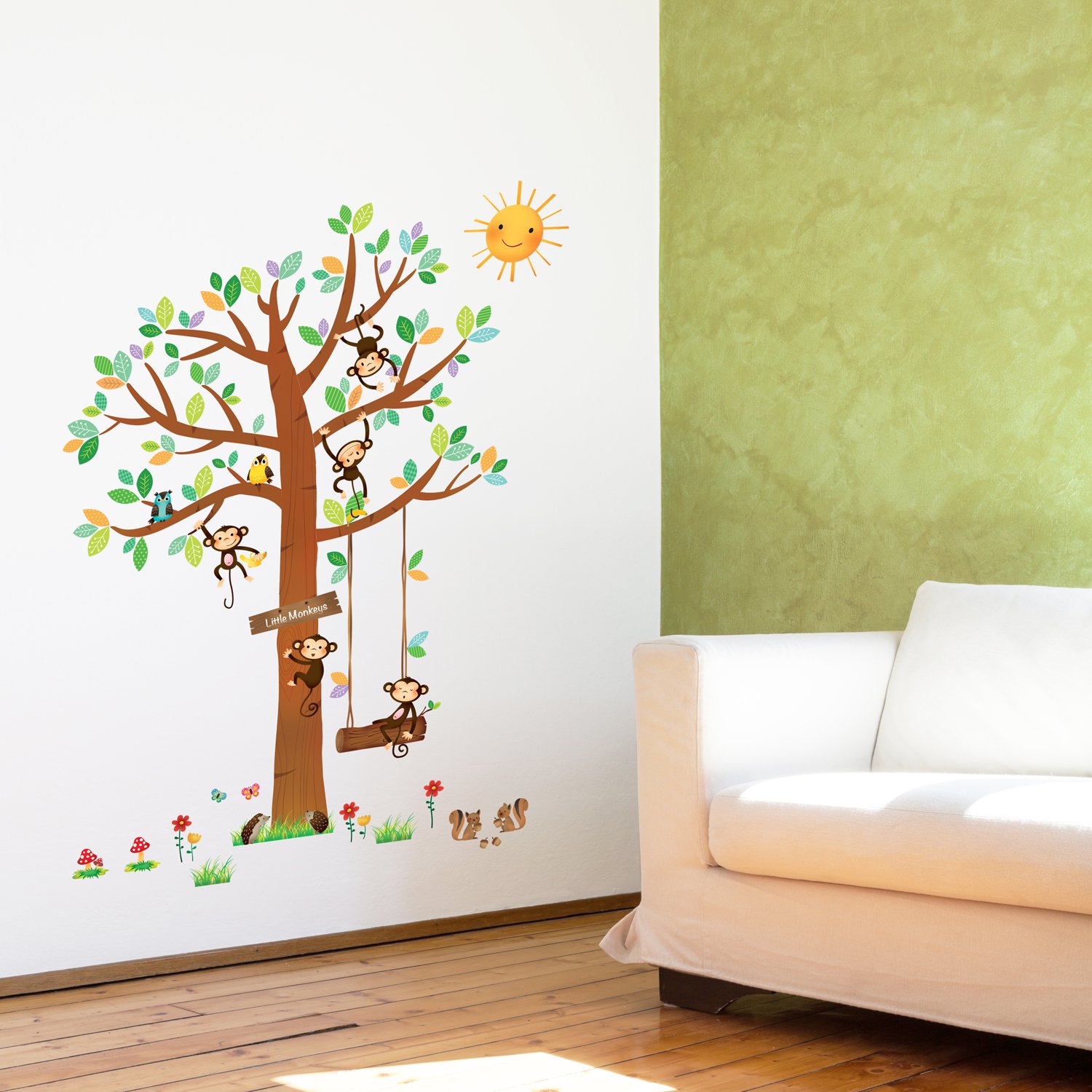 DECOWALL SG-1401P1402 9 Little Monkeys Tree and Height Growth Chart Kids Wall Stickers Wall Decals Peel and Stick Removable Wall Stickers for Kids Nursery Bedroom Living Room