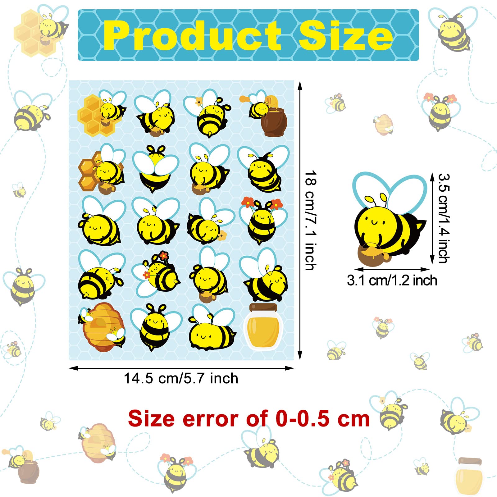 500 Pieces Bee Theme Stickers for Kids Classroom Decoration Cute Honey Bee Theme Stickers Summer Waterproof Bee Theme Stickers for Teachers for Summer Bee Theme Party Classroom Supplies, 20 Styles