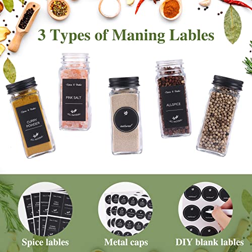 CUCUMI 18pcs Spice Jars with Labels, 4oz Empty Square Spice Bottles with Shaker Lids, Black Airtight Metal Caps, Collapsible Funnel, Chalk Pen, Seasoning Containers for Spice Rack, Drawer, Cabinet