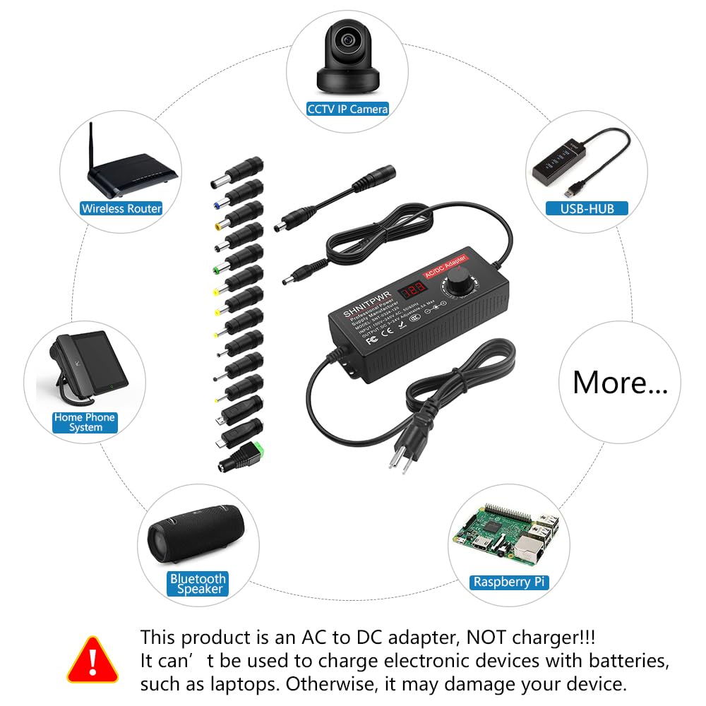 SHNITPWR AC Adapter 120W Universal Power Adapter 4V 5V 6V 9V 12V 15V 18V 19V 20V 24V Adjustable Switching Power Supply 100V~240V AC to DC 4V ~ 24V 5A Converter with 14 Tips & Polarity Converter