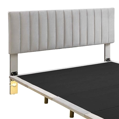 ATY Queen Size Platform Bed with LED Lights & Headboard, Modern Upholstered Floating Bedframe for Bedroom, Guestroom, Noise Free Design& No Spring Needed, Gray