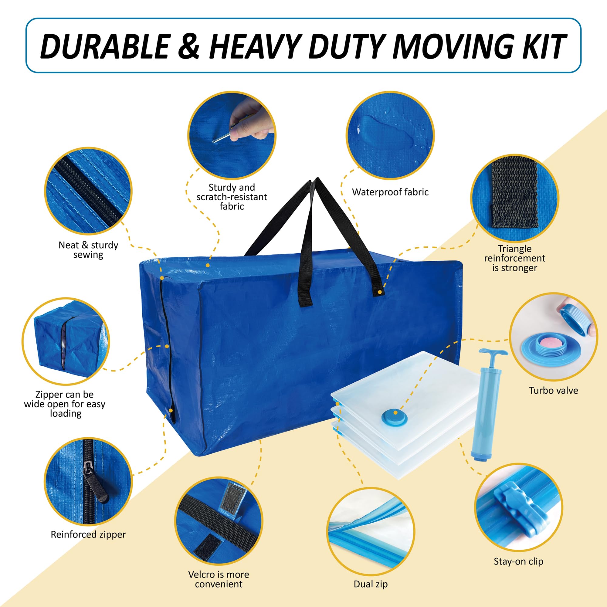 6 Pack Heavy Duty Extra Large Moving Bags with Backpack Straps & Vacuum Storage Bags Moving Supply Combo, Moving Totes with Handles & Zippers for Space Saving, Fold Flat, Includes Vacuum Bags