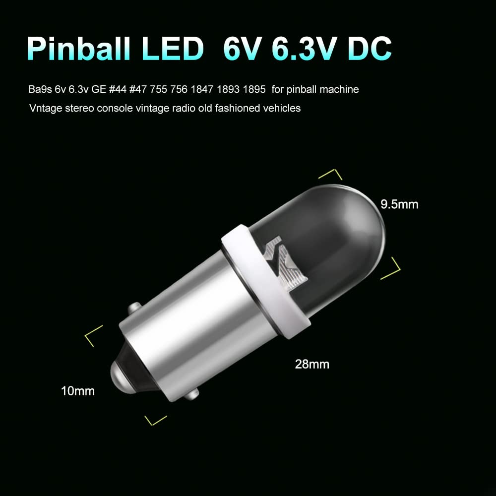 Keiurot GE44 47 756 755 Bulb Ba9s Led Bulbs for Pinball Led Bulbs Pinball Machine Light Bulb Fits Fender 1893 1895 Light Bulb 6.3V 6V DC White Pack of 20