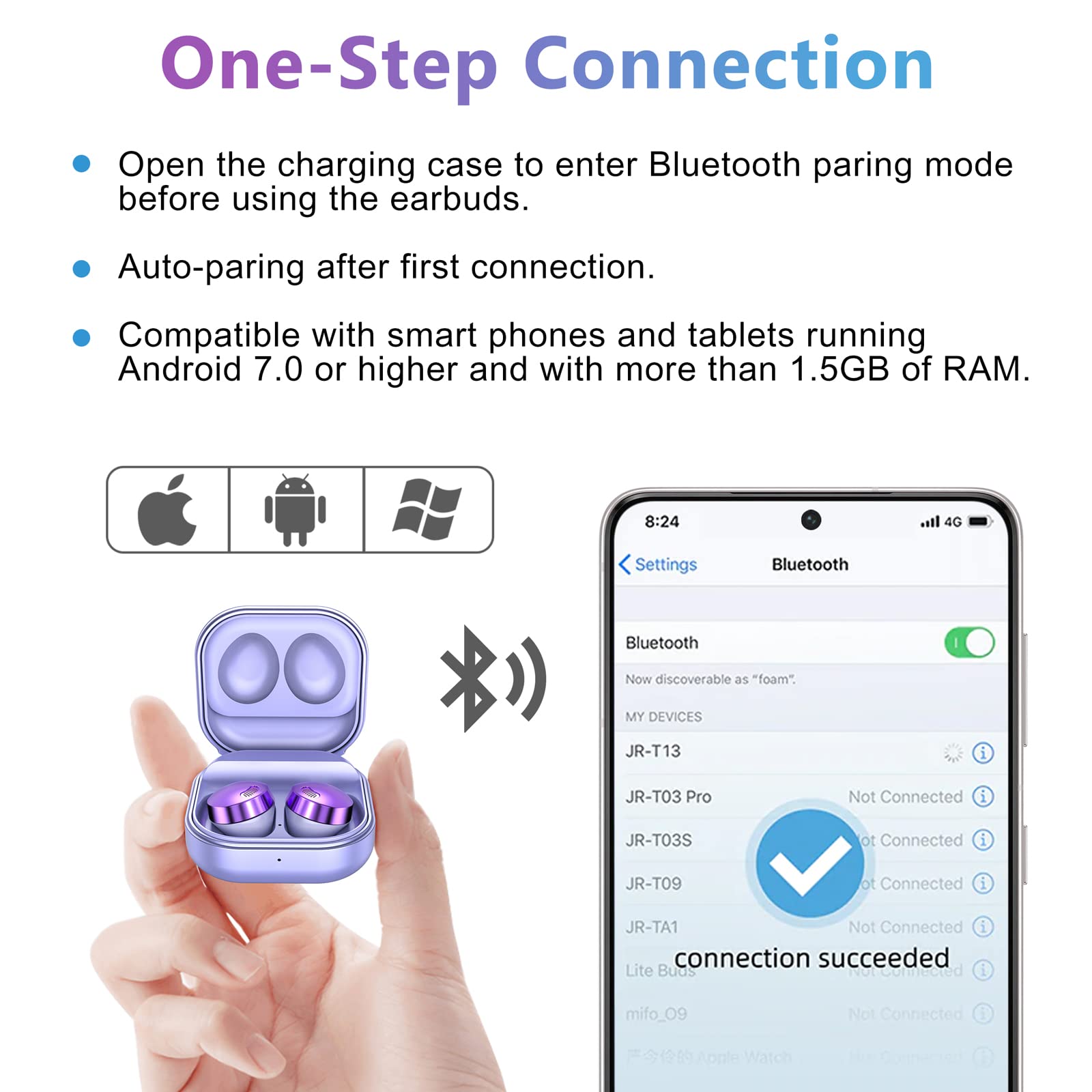 Bluetooth Headphones for Samsung Galaxy S22 Ultra Z Flip 3 Fold S22 S21 FE A13 True Wireless Earbuds Noise Canceling Deep Bass Stereo Sound Headset in-Ear with Mic for iPhone 13 14 Pro Max Violet