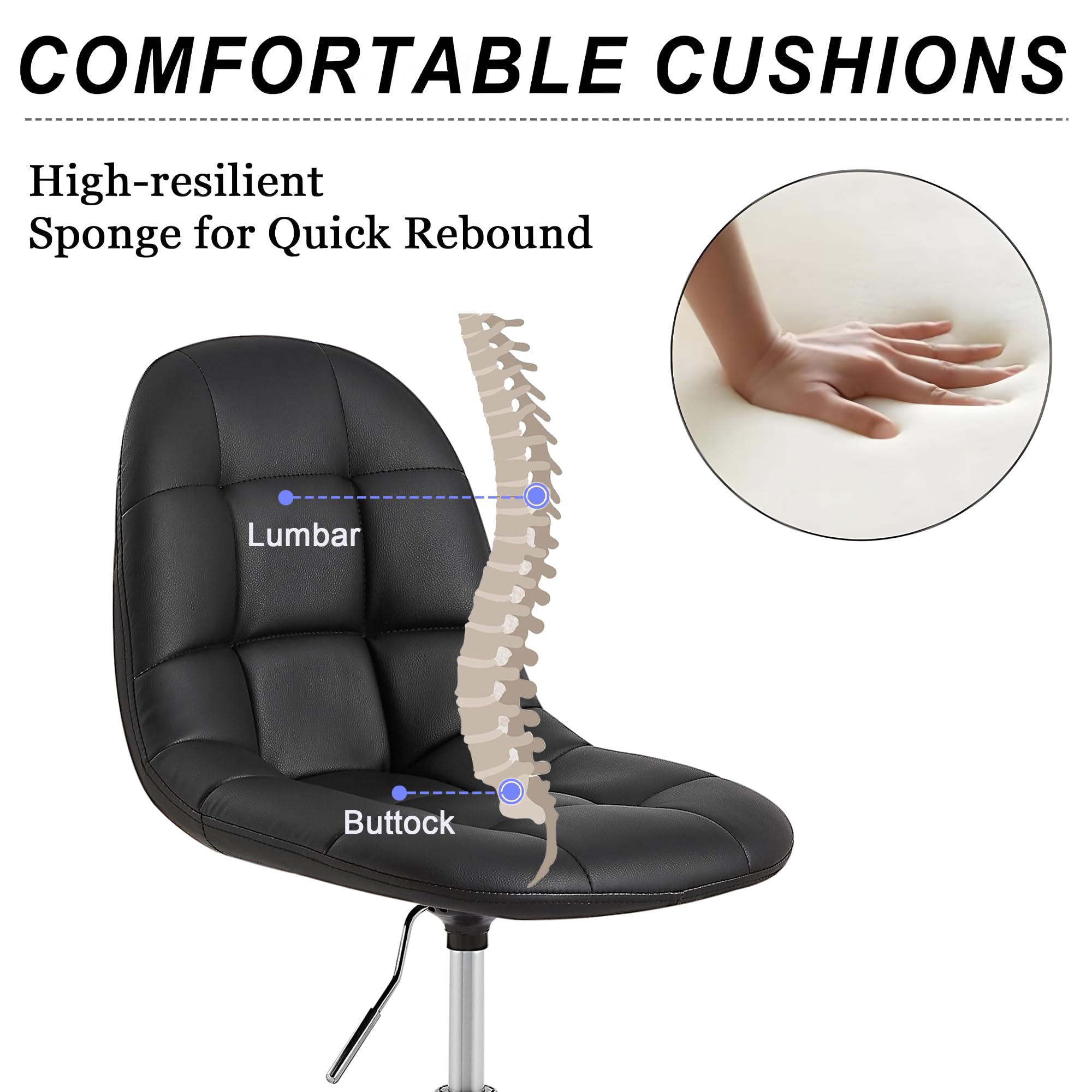 VECELO Soft Desk Chair, Stylish Casual Vanity Seat, Armless with Comfy Lumbar Support, PU Leather Hight Adjustable, 360° Rolling Swivel for Study, Work, Makeup, Weight up to 330 Lbs, Black