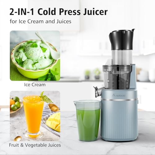 Aobosi Masticating Juicer Machine, 2-In-1 Cold Press Juicer with Large Feed Chute for Juice & Ice Cream, Powerful Slow Juicer for Vegetable and Fruit, Easy Clean Self Feeding (Blue)