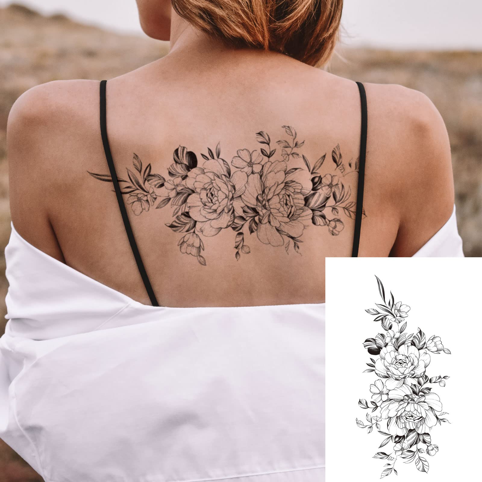 32pcs Black Rose Flower Temporary Tattoo Sticker For Women,Multiple Floral Pattern Designs(7.5X3.8 inch)