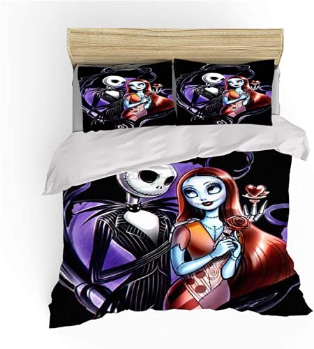 Ankeyoo Nightmare Christmas Bedding Set Valentine's Day Decor Gifts Present Jack Skellington Sally Bed Comforter Cover 1PC Duvet Cover with 2PCS Pillowcases (Twin)