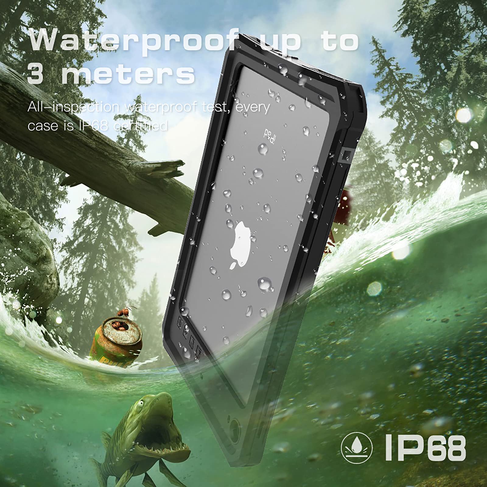 ShellBox Case for iPad Mini 5/4 7.9 Inches,Full-Body Protective Bumper Case,with Pencil Holder,Rugged Folding Kickstand,Lanyard,IP68 Waterproof Dustproof Heavy Duty Shockproof Case for iPad (Black)
