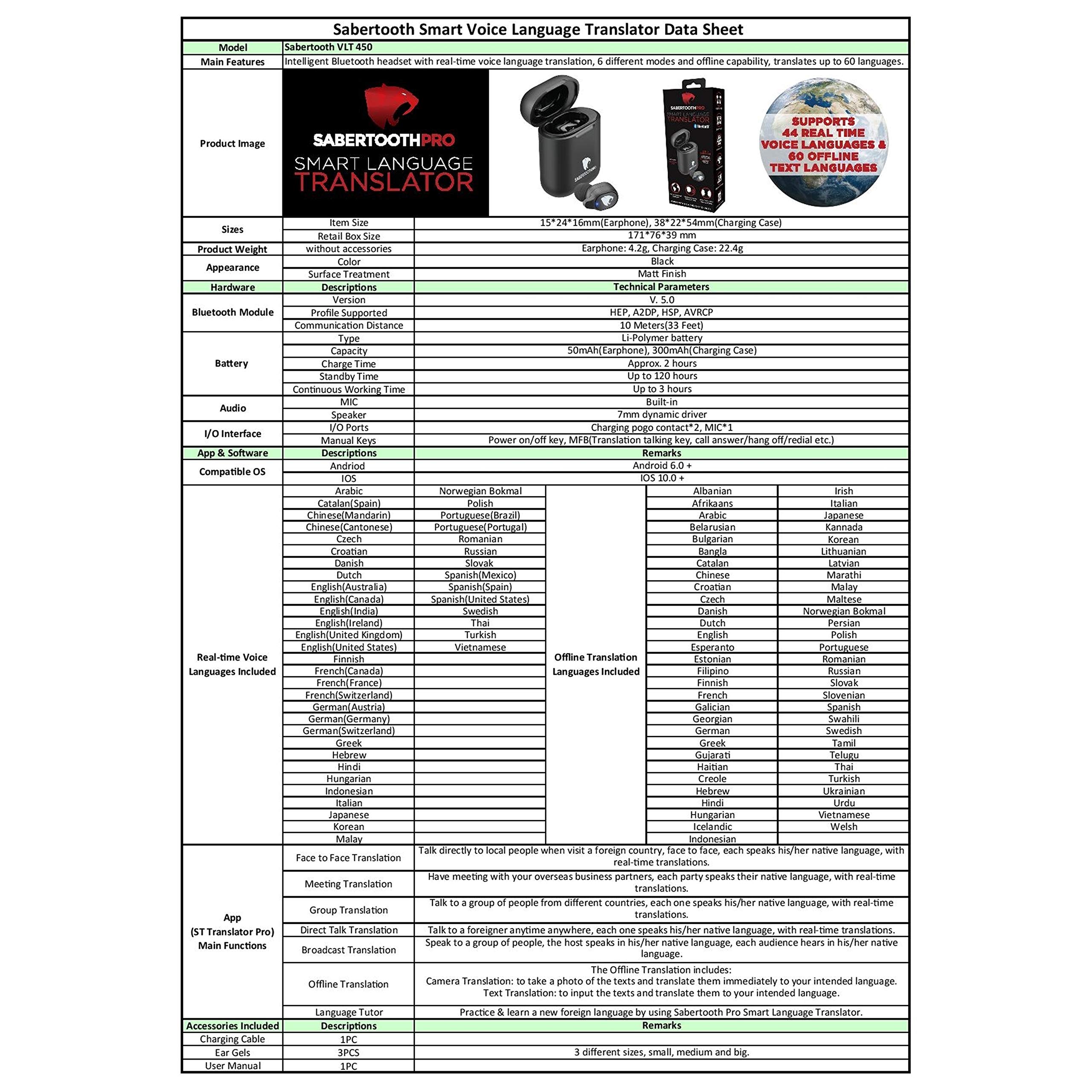 Sabertooth VLT450 Smart Voice Language Translator Single Ear Bud with Direct Talk Software to Complete Seamless Voice Language Translation, Translates up to 60 Languages, Compatible with IOS & Android