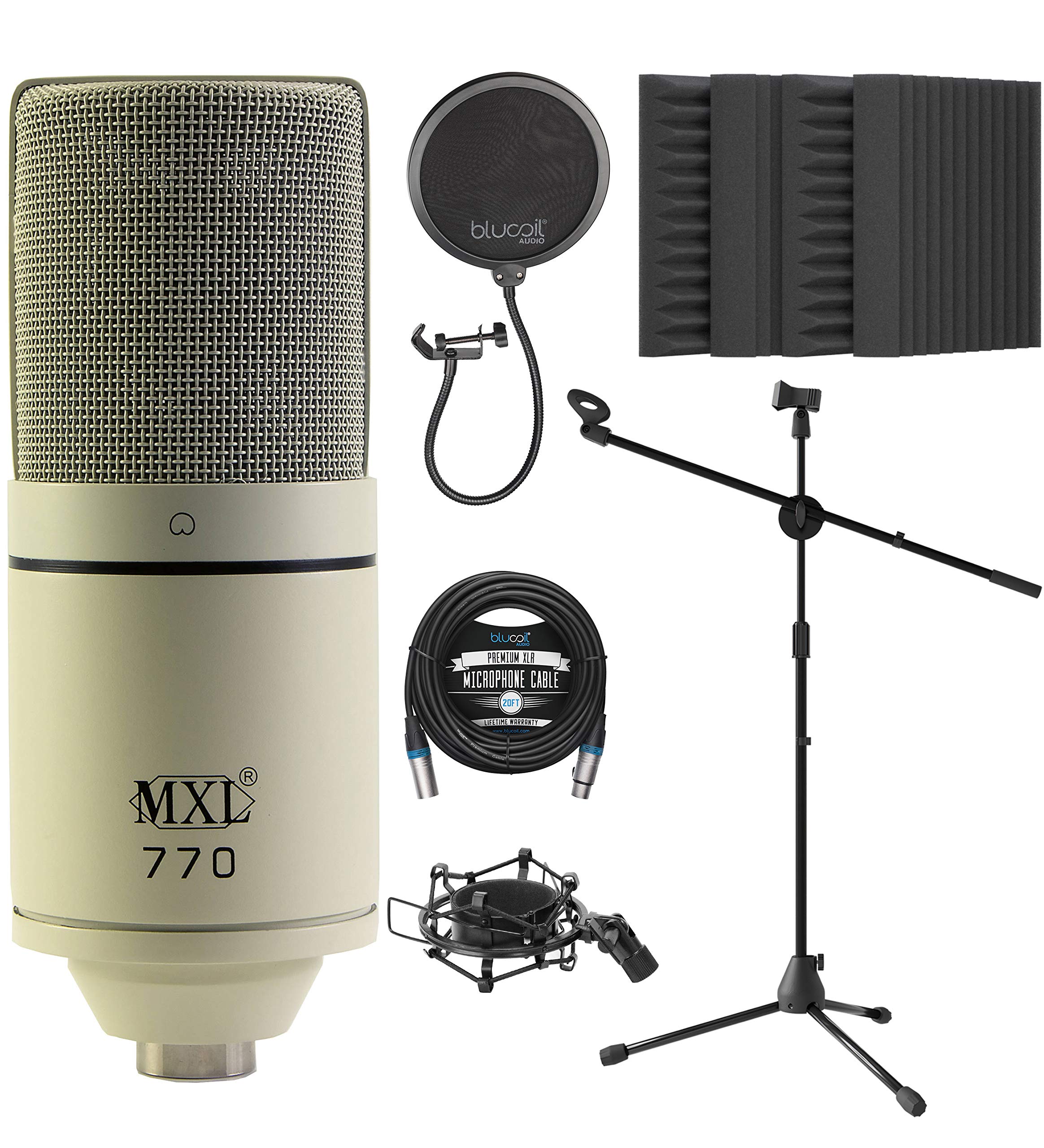 blucoil MXL 770 Cardioid Condenser Microphone for Studio Recording, Streaming, Podcasting (Vintage White) Bundle 20' XLR Cable, Pop Filter, Adjustable Mic Stand, and 12" Acoustic Wedges (4-Pack)
