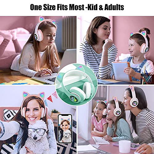 KERHAND Bluetooth Headphones for Kids, Cute Ear Cat Ear LED Light Up Foldable Headphones Stereo Over Ear with Microphone/TF Card Wireless Headphone for iPhone/iPad/Smartphone/Laptop/PC/TV (Green)