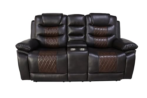 New Classic Furniture Nikko Faux Leather Manual Console Loveseat with Dual Recliners, Brown