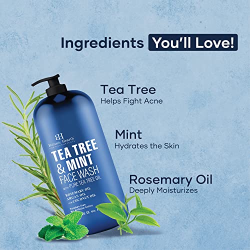 Botanic Hearth Tea Tree Face Wash with Mint - Acne Fighting, Therapeutic, Hydrating Liquid Face Soap with Pure Tea Tree Oil - for Women and Men, Paraben Free, Fights Acne - 16 fl oz