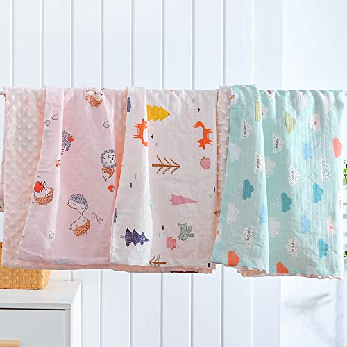 Jay & Ava Premium Cotton & Minky Dotted Backing Baby Blanket, Double Layer, Super Soft Crib, Nursery, Stroller, Receiving Blanket for Girls, Boys, Newborns (Pink Hedgehog)