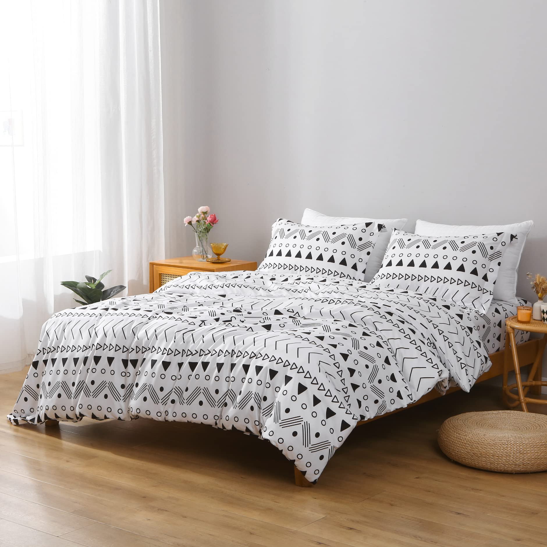 FULTEMPS Microfiber Boho Duvet Cover Set Modern Herringbone Stripe Plaid Dot Bedding Sets Bohemian Bedding Collection - 1 Duvet Cover & Pillowcase (Black, Queen (U.S. Standard))
