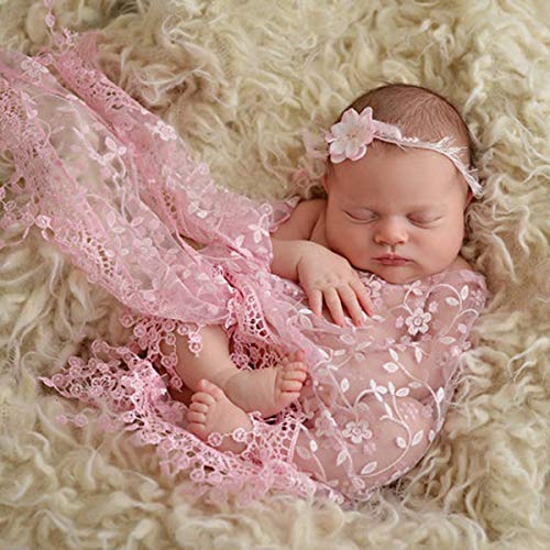 Yunnyp 3pcs Baby Photo Shooting Background Set,Baby Photo Props Fluffy Blanket + Wrap + Headband Set Newborn Photography Wrap Mat (Pink)