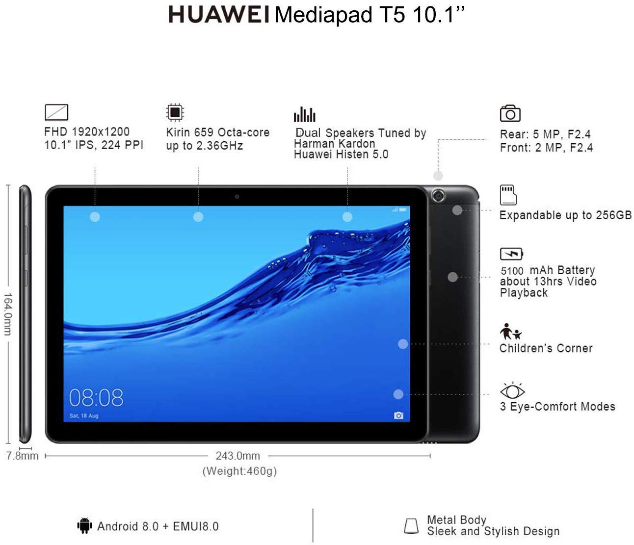 MediaPad T5 Tablet with 10.1" IPS FHD Display, Octa Core, Dual Harman Kardon-Tuned Speakers, 4G LTE, 2GB+16GB, International Version No Warranty (Black)