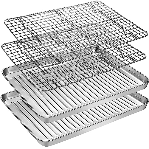 Baking Sheet Tray with Cooling Rack Set (2 Pans + 2 Racks), Stainless Steel Cookie Pan with Cooling Rack For Oven, Nonstick Baking Pan, Warp Resistant & Heavy Duty & Rust Free, Size 16 x 12 x 1 Inches