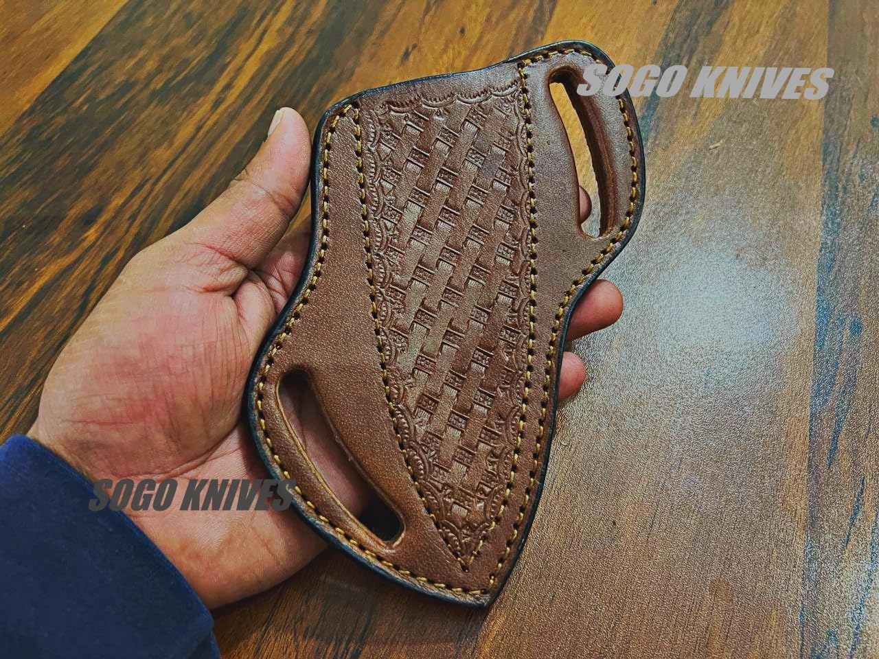 SOGO KNIVES Leather Knife Sheath for Belt, Slanted Pancake Sheath, Tooled Leather Sheath, Beautiful Cow Boy 3 to 5 inches Skinner Knife Leather Cover 100% Real Leather (Brown)
