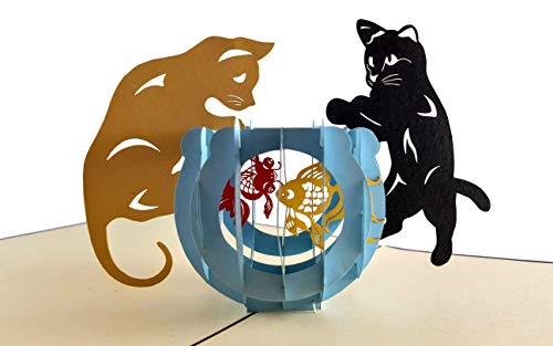 iGifts And Cards Two Cute Cats With Fish Bowl 3D Pop Up Greeting Card - Playful, Furry, Lovable, Pussycat, Active, Meow, Kittens Half-Fold, Happy Birthday, Just Because, Thinking of You, Friendship