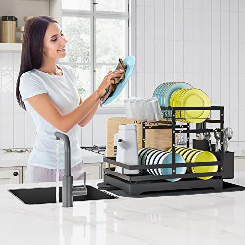 BBXTYLY Large Dish Drying Rack, 2 Tier Collapsible Dish Racks with Drainboard,Drainage, Wine Glass Holder, Utensil Holder and Extra Drying Mat, Dish Drainers for Kitchen Counter (Black)