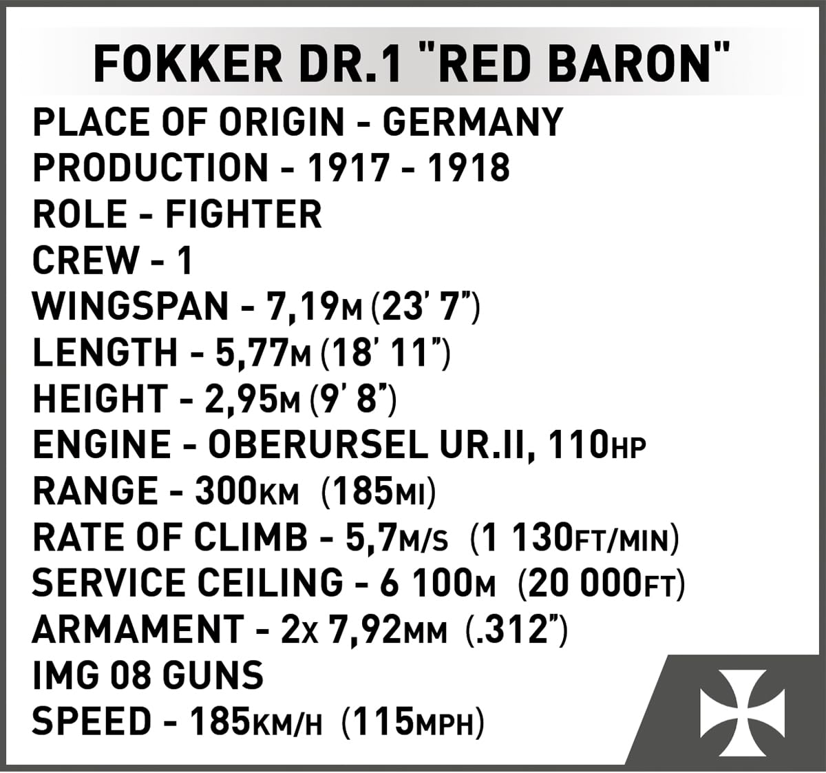 COBI Historical Collection: The Great War Fokker DR.1 Red Baron Plane,7+ years,178 pcs
