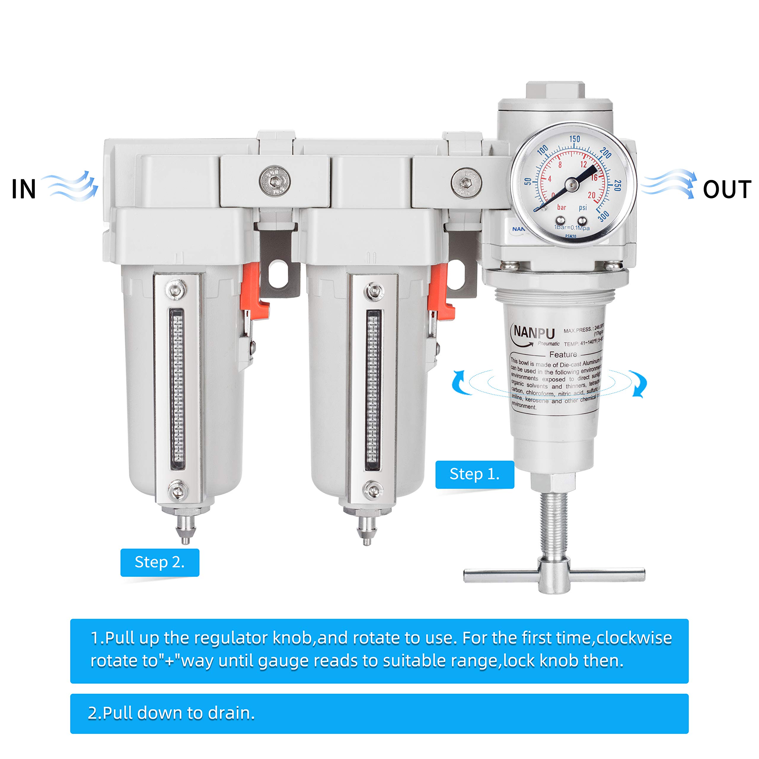 NANPU 1/2" NPT T-Handle High Pressure Air Drying System - Double 5 Micron Particulate Filter & Air Pressure Regulator Piston Combo, Semi-Auto Drain&Gauge