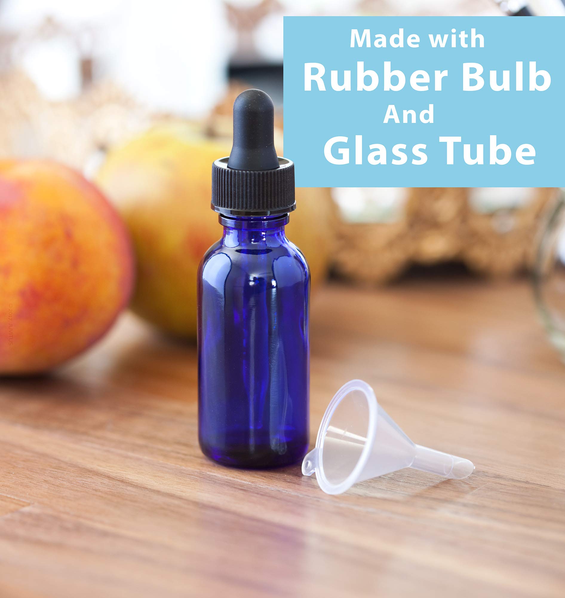 JUVITUS 1 oz / 30 ml Cobalt Blue Glass Boston Round Bottle with Graduated Measurement Glass Dropper (4 pack) + Funnel