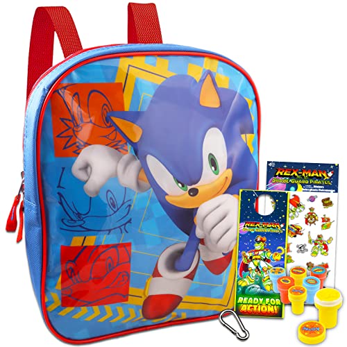 Color Shop Sonic the Hedgehog Mini Backpack for Kids - 11'' Sonic Backpack Bundle with Monster Stickers, Superhero Stampers, Backpack Clip, & More (Sonic School Supplies)
