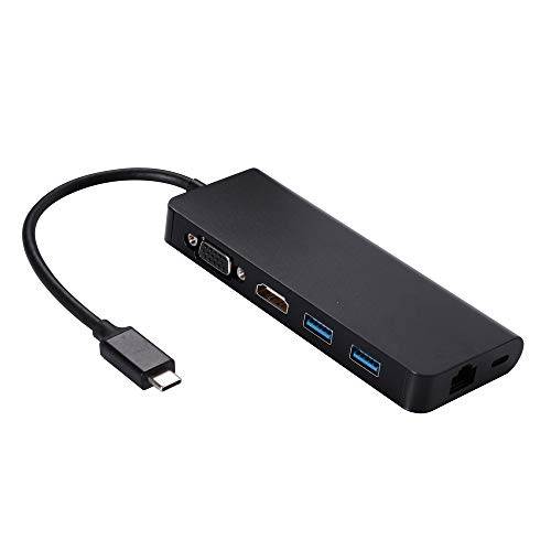 PANUSBGHUB USB 3.0 Hubs 6 in 1 Type C Hub Type-C to HDMI VGA RJ45 Dual USB3.0 PD Charging Port Adapter Cable Converter for Laptop MacBook(Silver) (Color : Black)