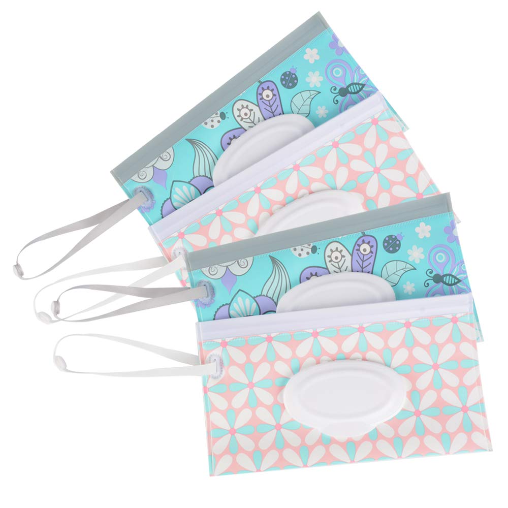 Venhoo Wet Wipe Pouch 4-Pack Reusable Refillable Clutch Baby Wipes Dispenser Holder Case-Keep Wet Wipes Moist- Eco Friendly Wipes Carrying Case for Travel-Pouch Carries 60 Wipes-Upgrade Version