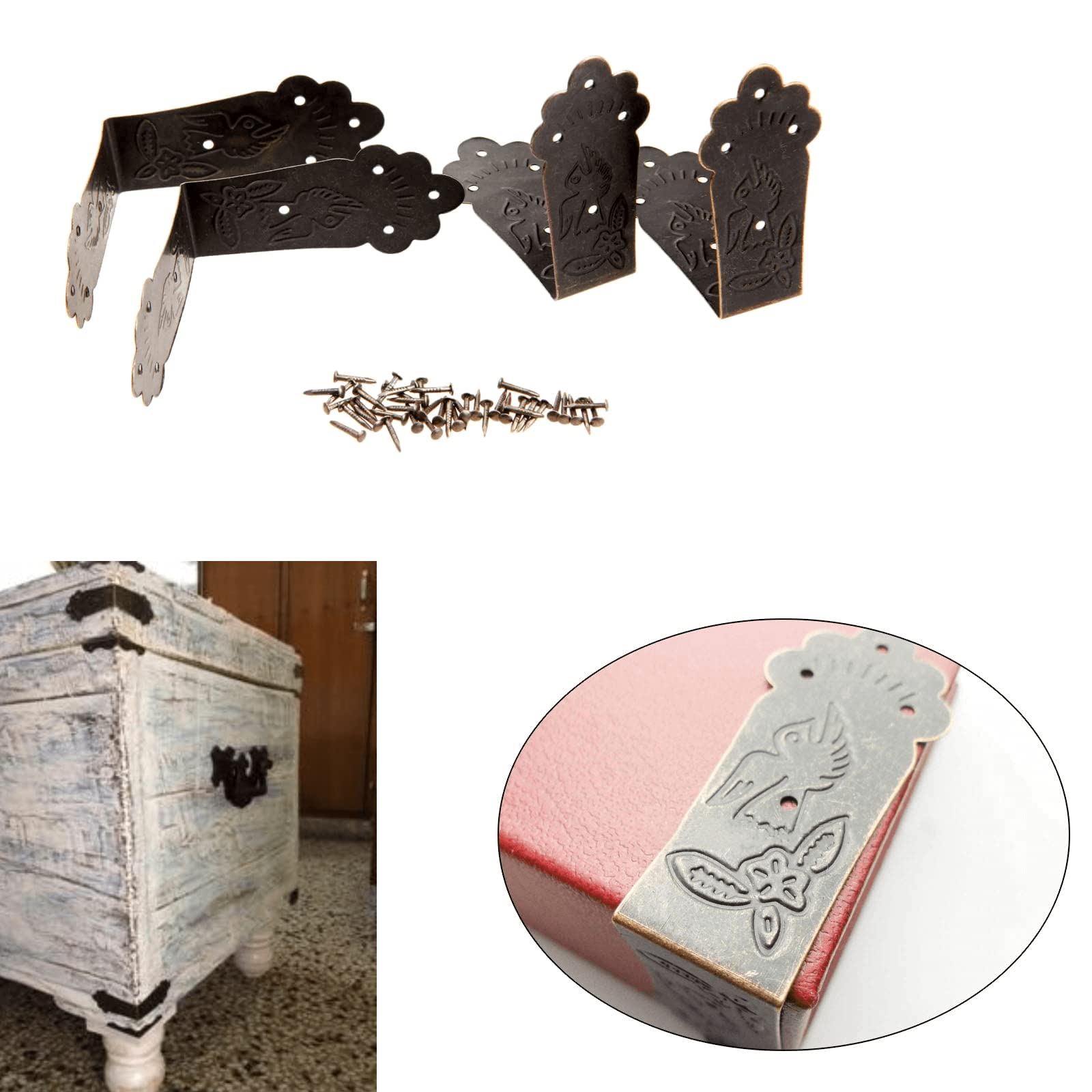 dophee 4Pcs Antique L Shaped Corner Guards, Embossing Decorative Edge Corner Bracket Corner Protectors Guard Cover with Mounting Screws for Chest Case Wooden Box - 2.17"x2.17"x0.98"