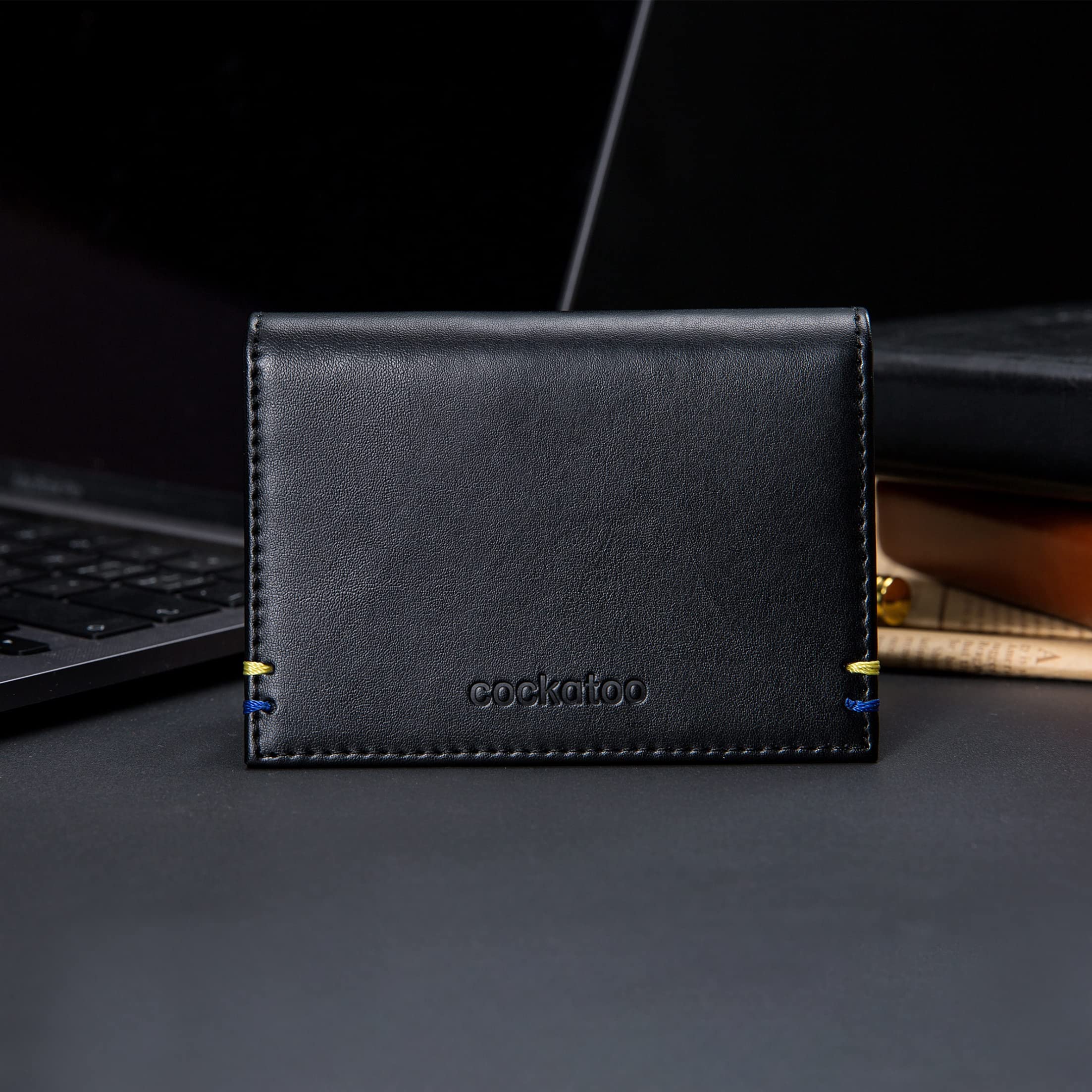 Cockatoo Business Card Case Holder for Men & Women, Genuine Leather Vertical Bifold RFID Front Pocket Wallets