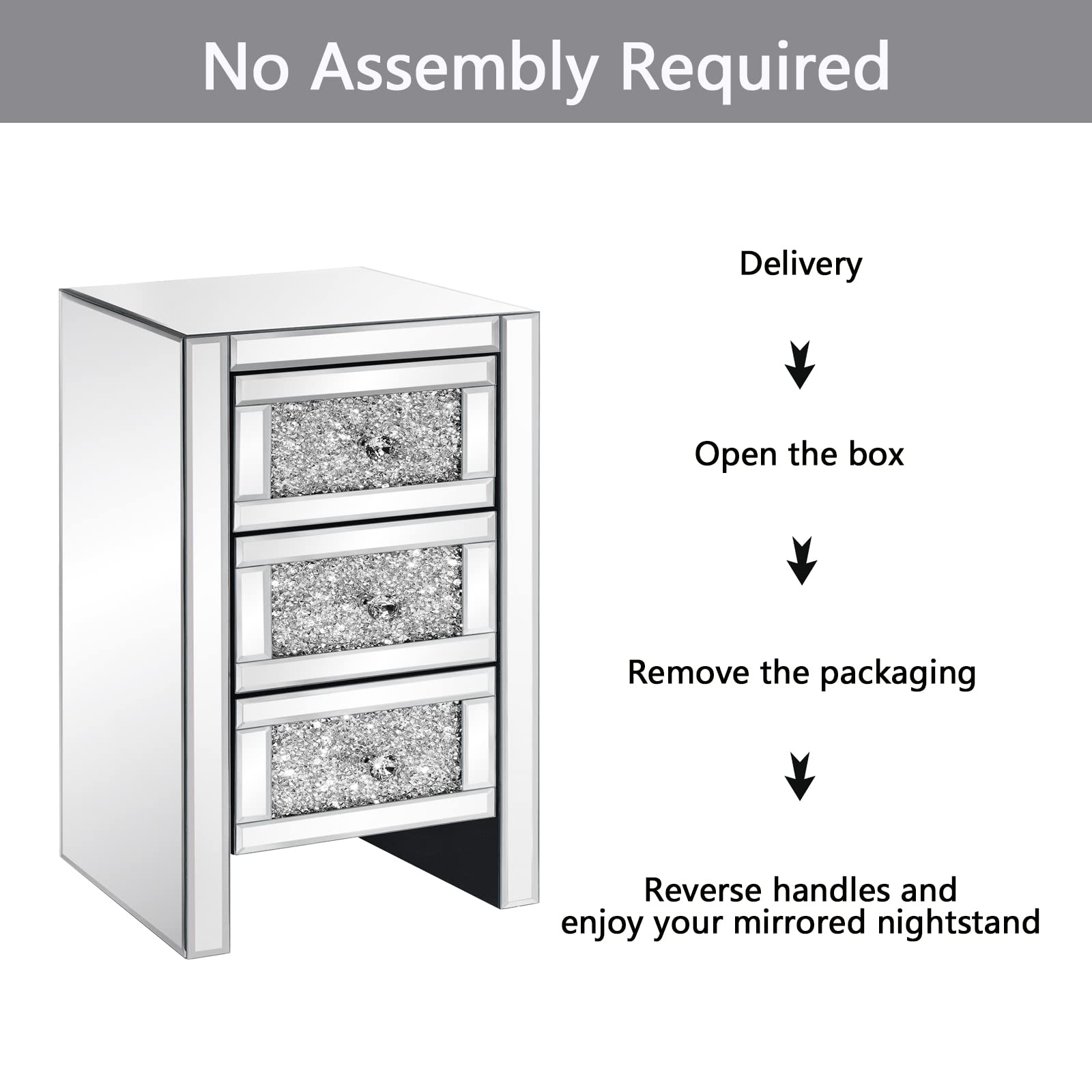 Alohappy Mirrored Nightstands Set of 2 with 3-Drawers, Modern Mirror Glass End Table Silver Bedside Table for Living Room/Bedroom (2PCS)