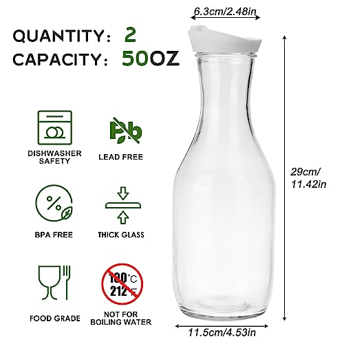 CUCUMI 3pcs 50oz Glass Carafe with Lids, 1.5 Liter Glass Water Pitcher Juice Containers Beverage Jugs for Mimosa Bar, Brunch, Cold Beverage