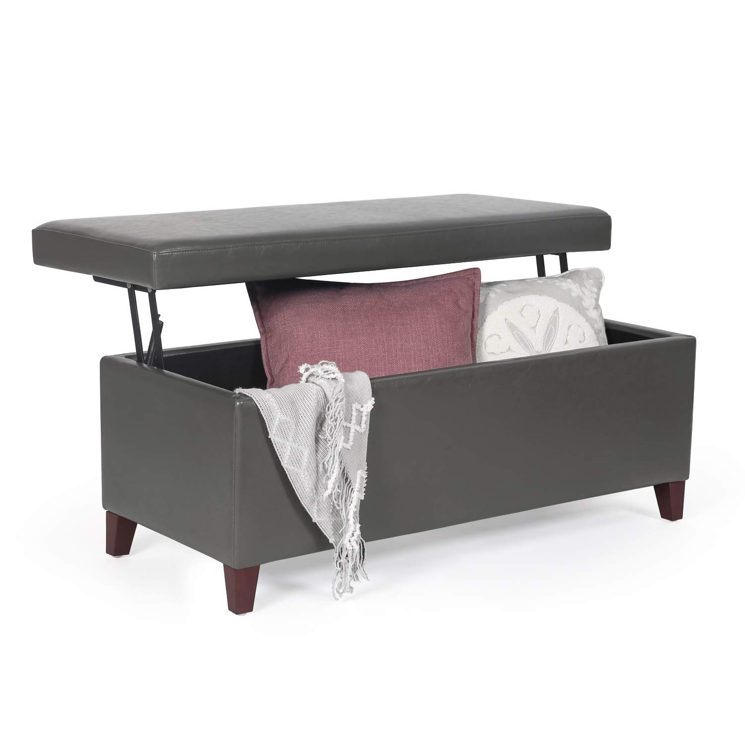 Adeco Rectangular Coffee Table Lift Top Storage Ottoman, Faux Leather Upholstered End of Bed Bench Footrest Footstool for Living Room Bedroom (Lift up Grey)