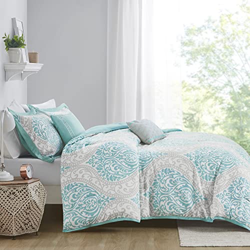 Intelligent Design ID10-898 Senna Comforter Set King/Cal King Size - Aqua Blue/Gray, Damask β 5 Piece Bed Sets β Ultra Soft Microfiber - All Season Comforter Set Bedding