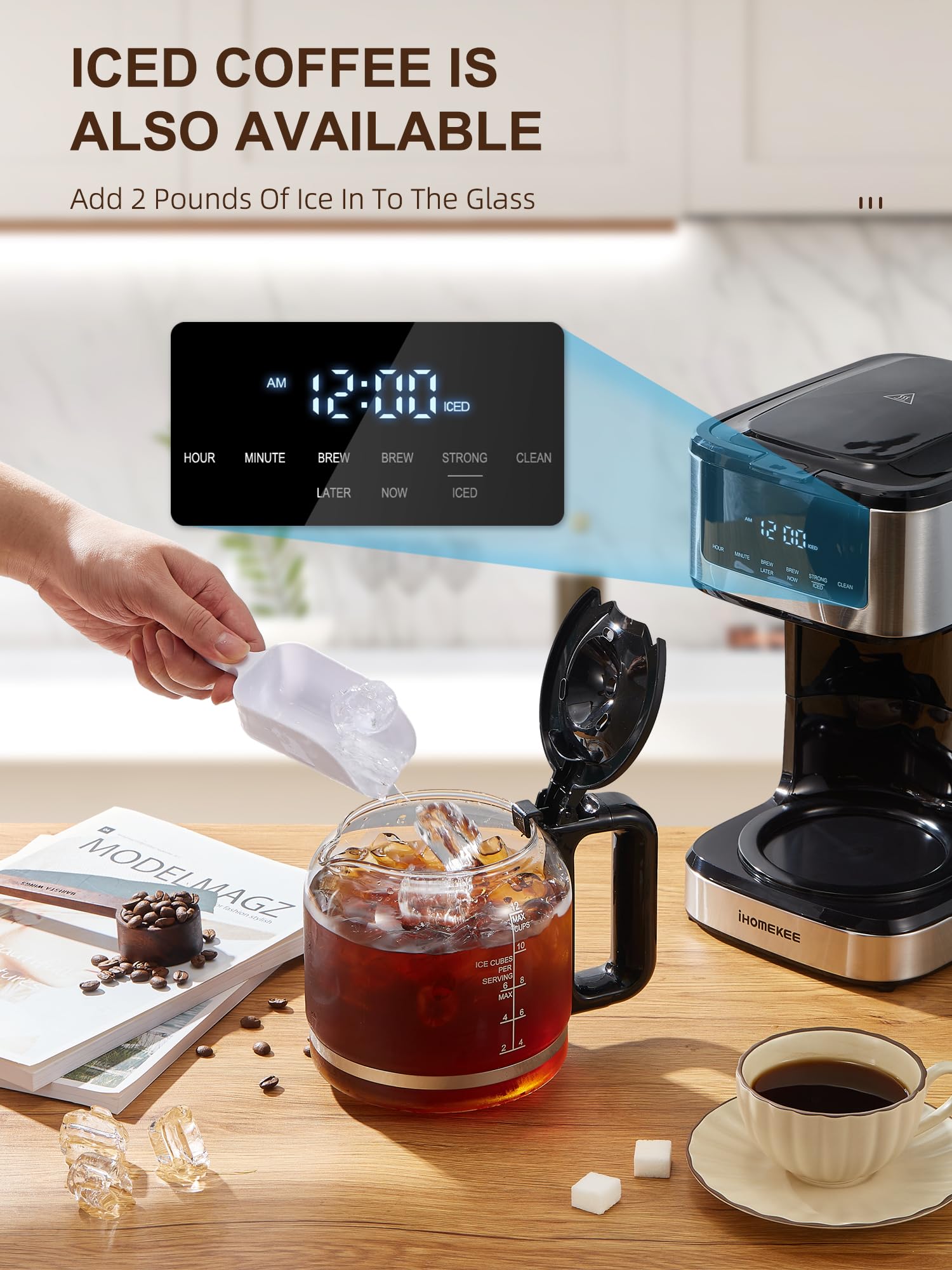 Ihomekee Programmable Drip Coffee Maker 12 Cup, Coffee Machine with Iced Coffee Function, Touch Screen, Regular & Strong Brew, Coffee Pot for Home and Office, Auto Shut-Off Function