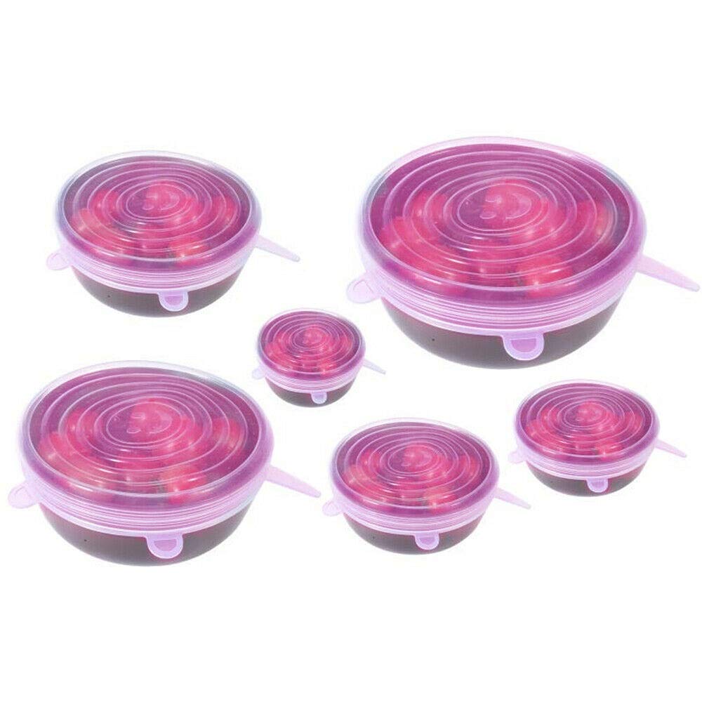 6 Pack Stretch Reusable Silicone Bowl Food Storage Wraps Cover Seal Fresh Lids (Blue with Hooks)