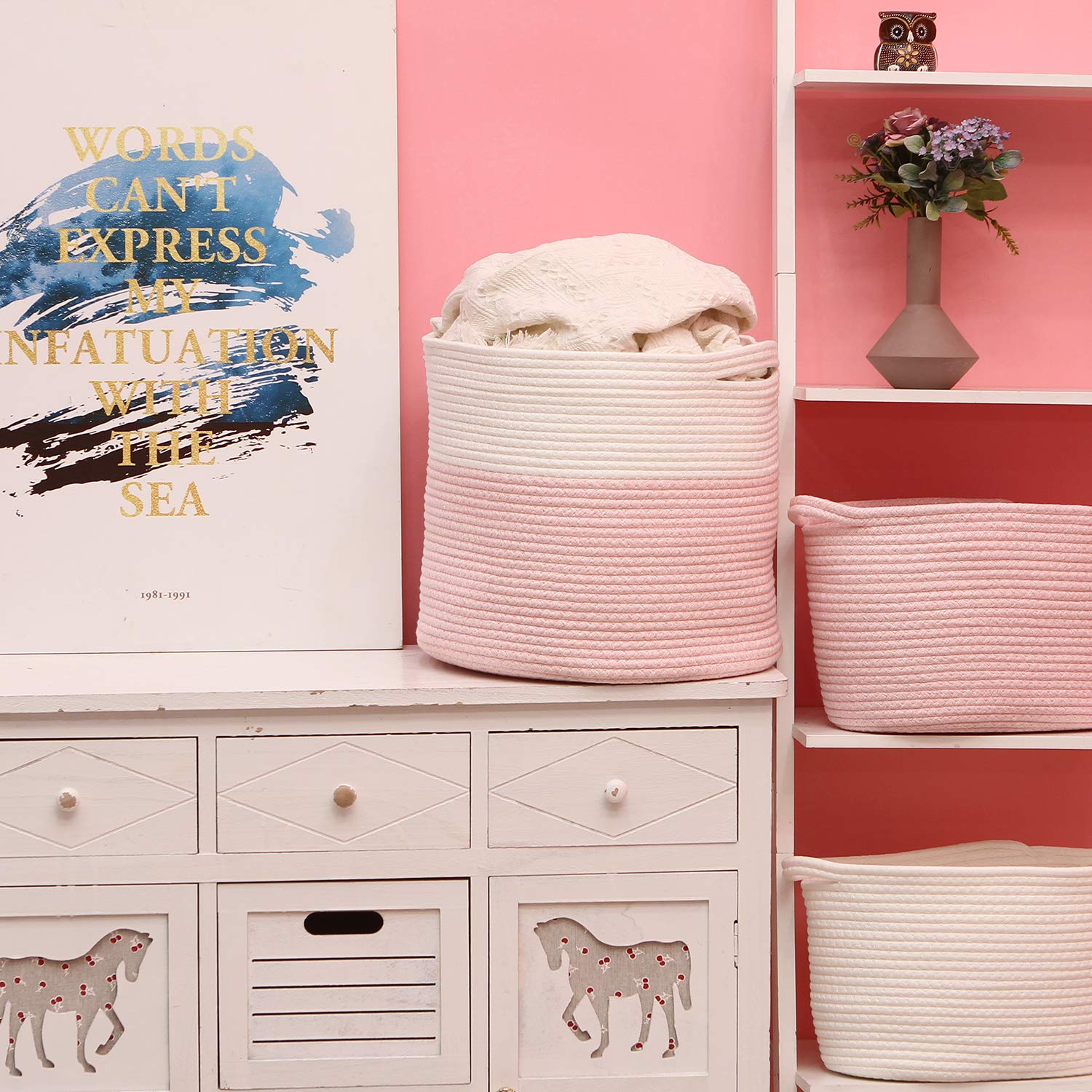 Sea Team Large Size Cotton Rope Woven Storage Basket with Handles, Laundry Hamper, Trunk Organizer, Clothes Toys Bin for Kid's Room, 15 x 13 inches, Round Open Design, White & Variegated Pink